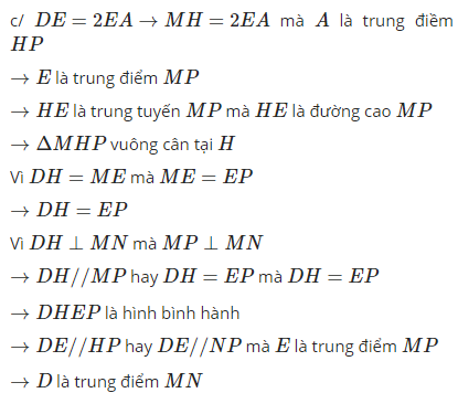 Cho tam giác MNP vuông tại M, đường cao MH. Gọi D, E lần lượt là chân các đường