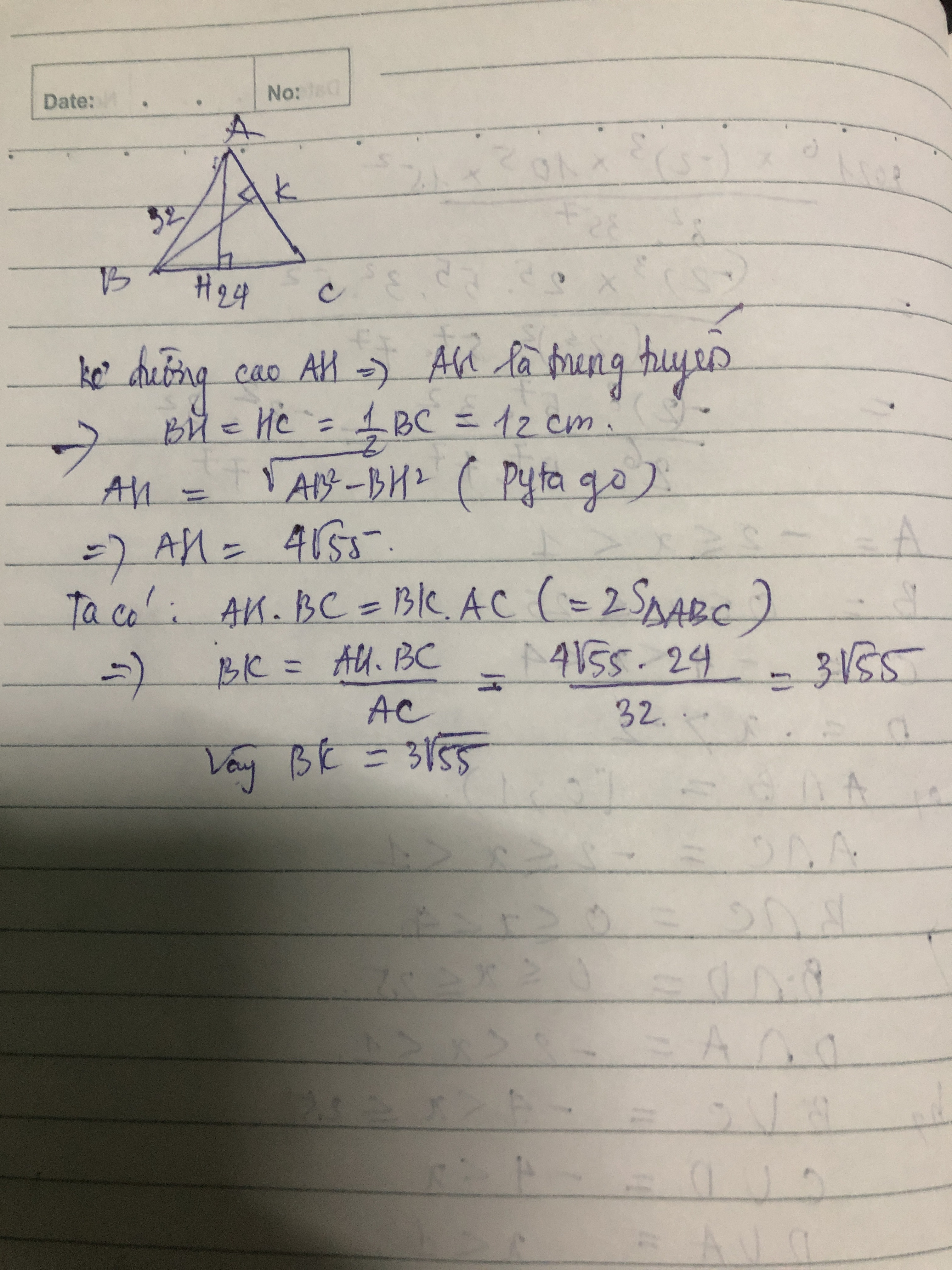 Cho ∆ABC cân tại A ; AB=32 cm ; BC = 24 cm. Kẻ đường cao BK . Tính KC