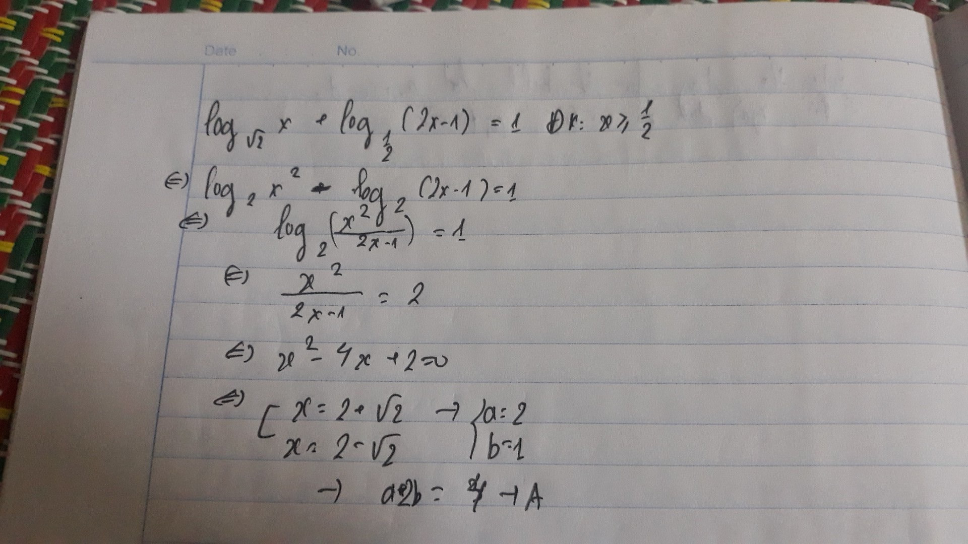 Biết nghiệm lớn nhất của phương trình log√2(x)+log1/2((2x−1))=1 là x=a ...