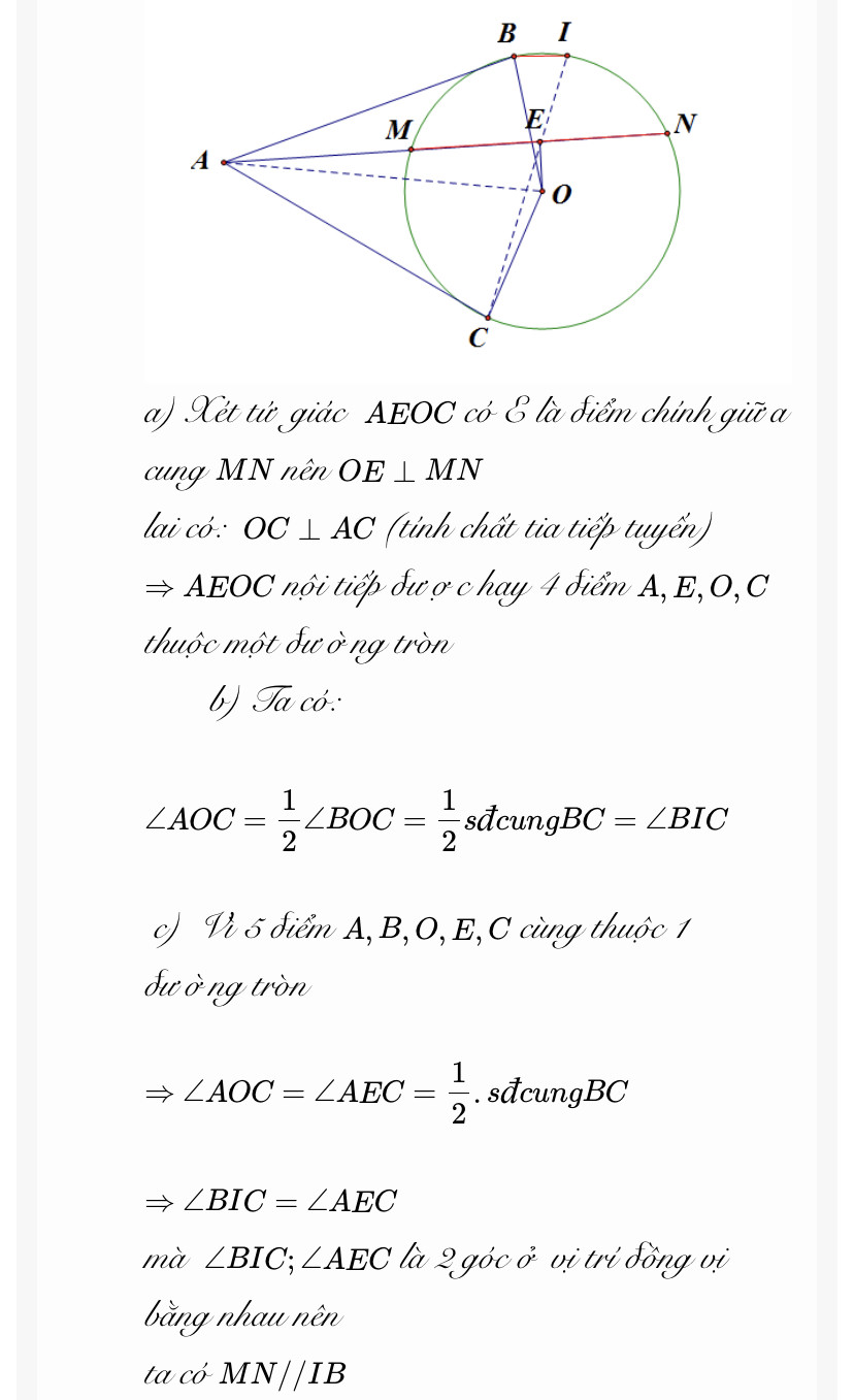 Cho đường tròn (O) và 1 điểm A nằm ngoài đường tròn. Từ A kẻ 2 tiếp tuyến AB,AC và cát tuyến AMN ...